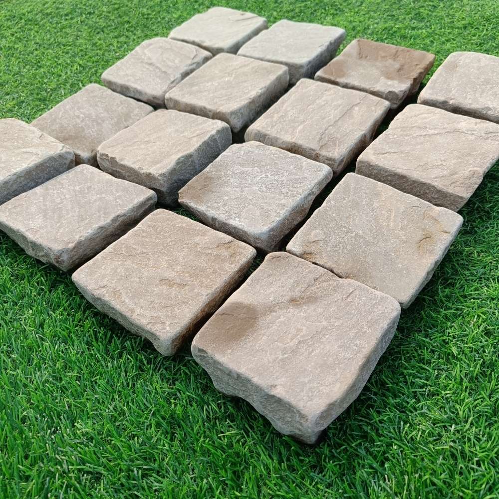 Raj Green Tumbled Sandstone 100X100 Square Setts – The Stonemart Ltd