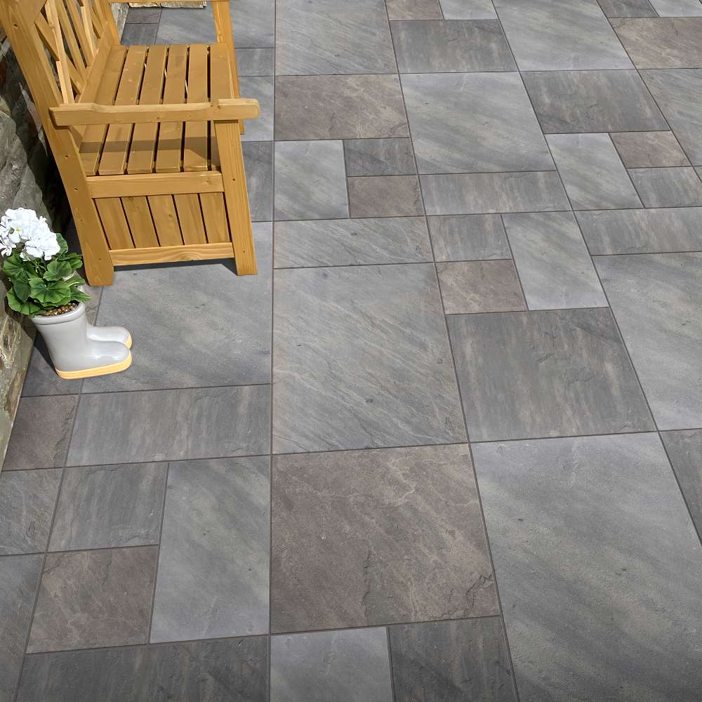 Sagar Black Riven Sandstone Mixed Patio Paving Slabs – The Stonemart